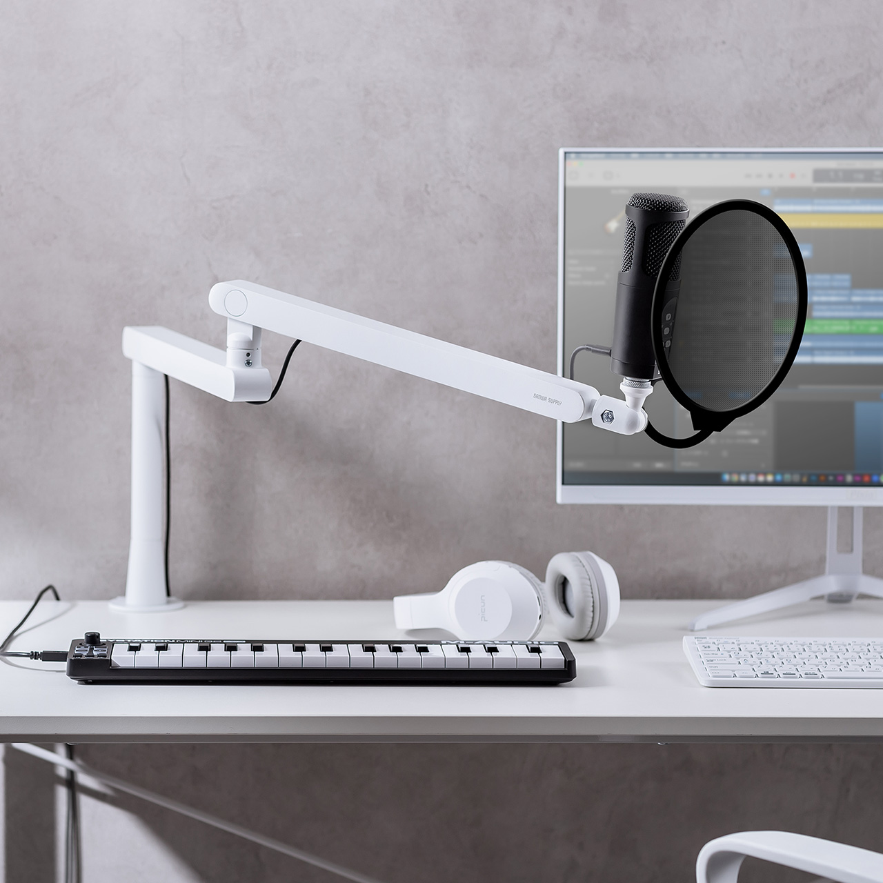 マイクアーム マイクブームアーム マイクスタンド クランプ コンデンサーマイク 耐荷重2kg 3関節 ロープロファイル対応 ホワイト 100-MCST001W | 通販ならサンワダイレクト