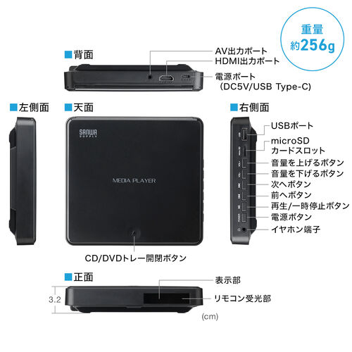 400-MEDI052 ミニDVDプレーヤー CD 再生専用 USB給電 リージョンフリー 地デジ CPRM対応 HDMI RCA出力 ...