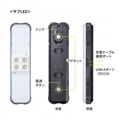 LED-FL3 LED投光器 充電式 屋外 三脚付 USB充電 ソーラー充電対応 3000ルーメン LED着脱可能 | 通販ならサンワダイレクト
